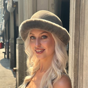 Shearling Fur Fedora Hat, Taupe Color, Real Soft Spanish Merino Warm ...