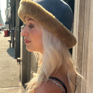 Shearling Fur Fedora Hat, Denim Blue Color, Real Soft Spanish Merino ...