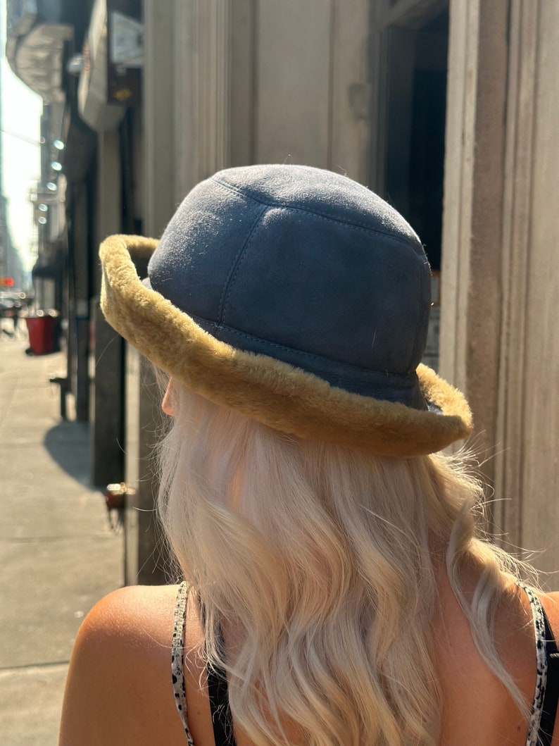 Shearling Fur Fedora Hat, Denim Blue Color, Real Soft Spanish Merino ...