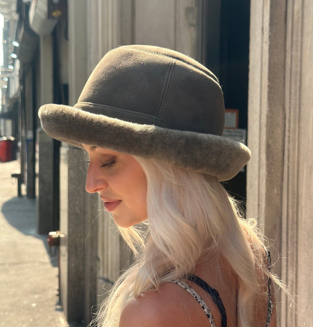 Shearling Fur Fedora Hat, Taupe Color, Real Soft Spanish Merino Warm ...