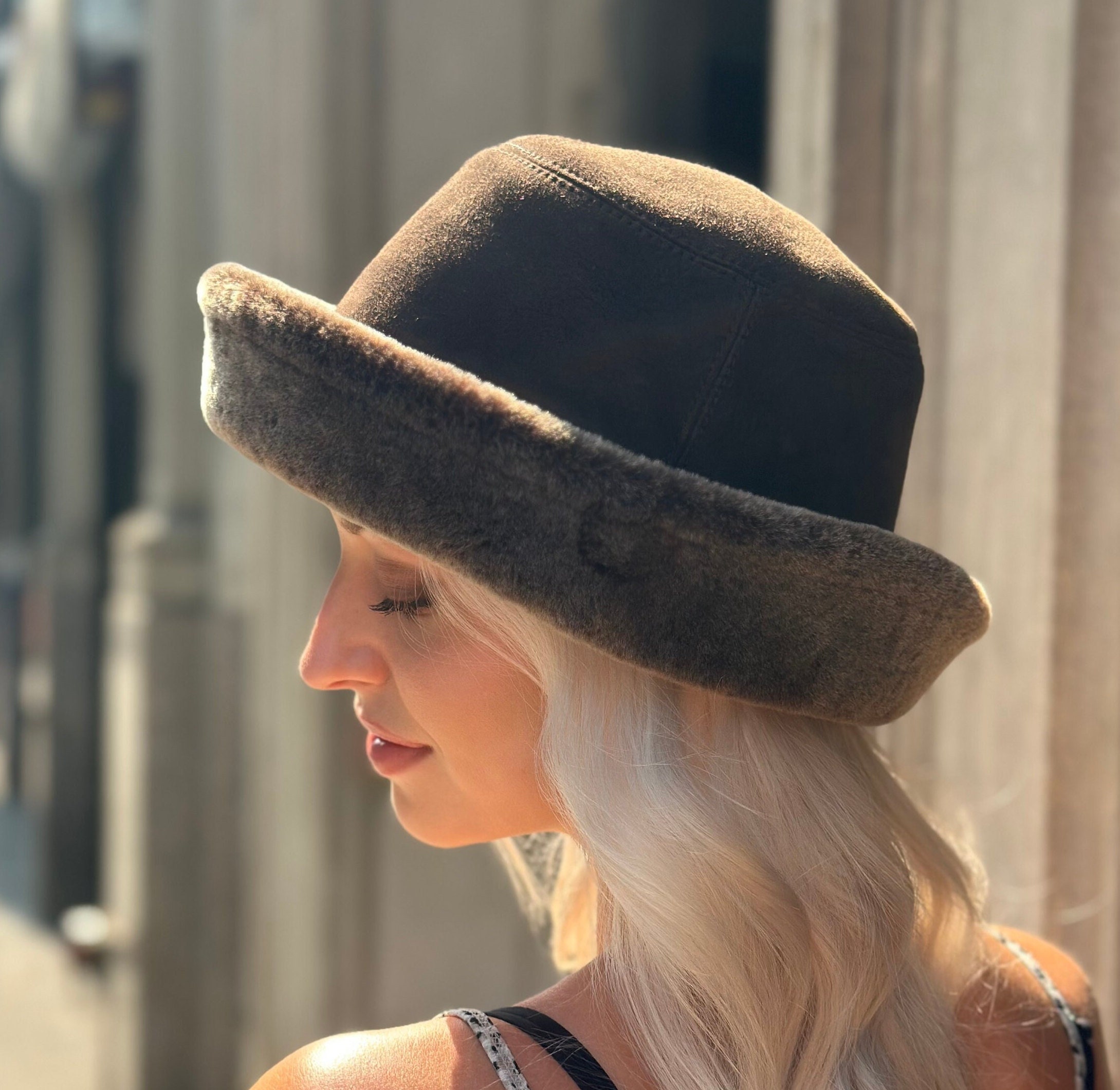 Shearling Fur Fedora Hat, Brown Brisa Color, Real, Soft Spanish Merino ...