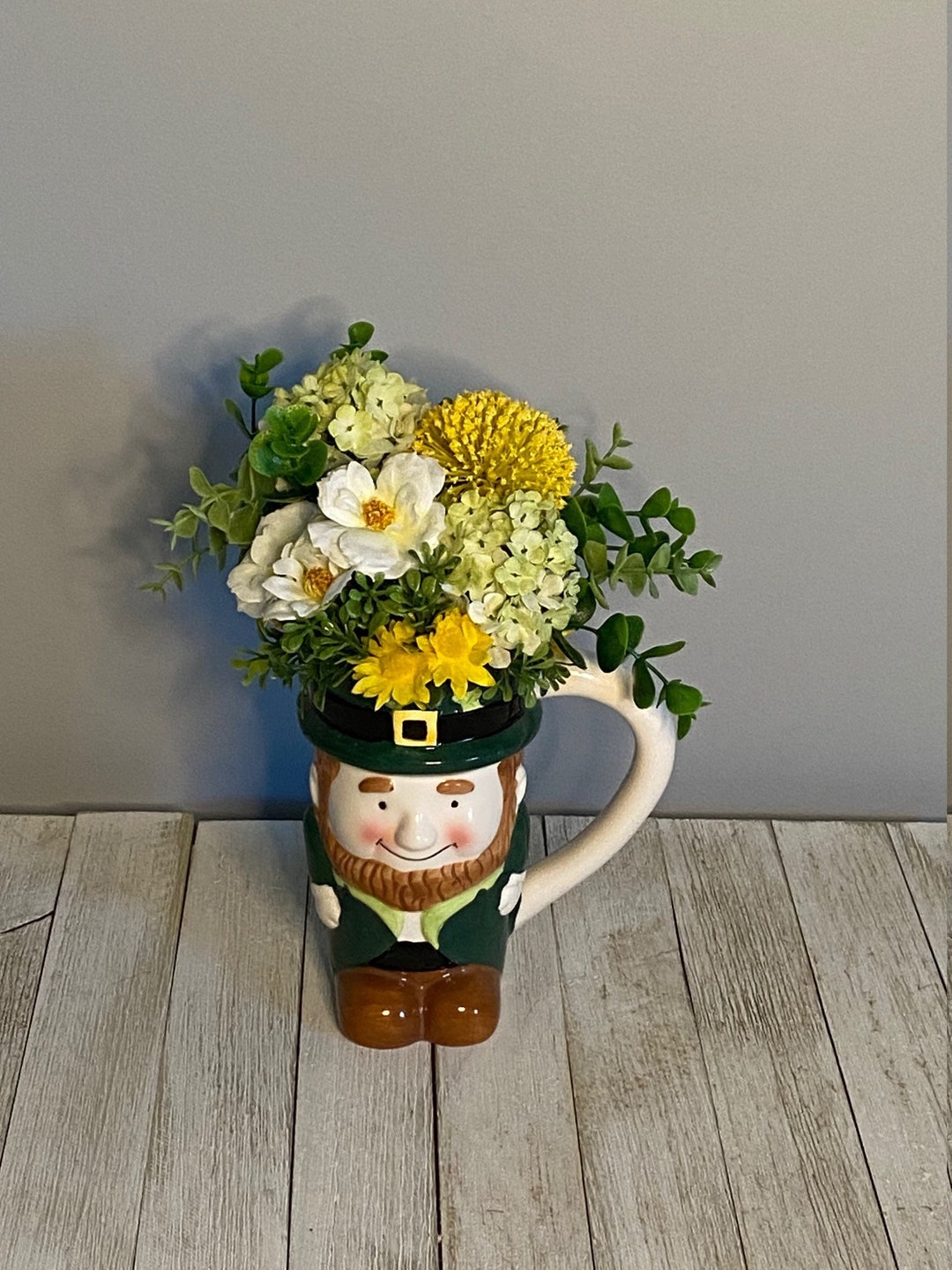 St. Patrick's Day Flower Arrangement, Leprechaun Mug Floral Arrangement ...