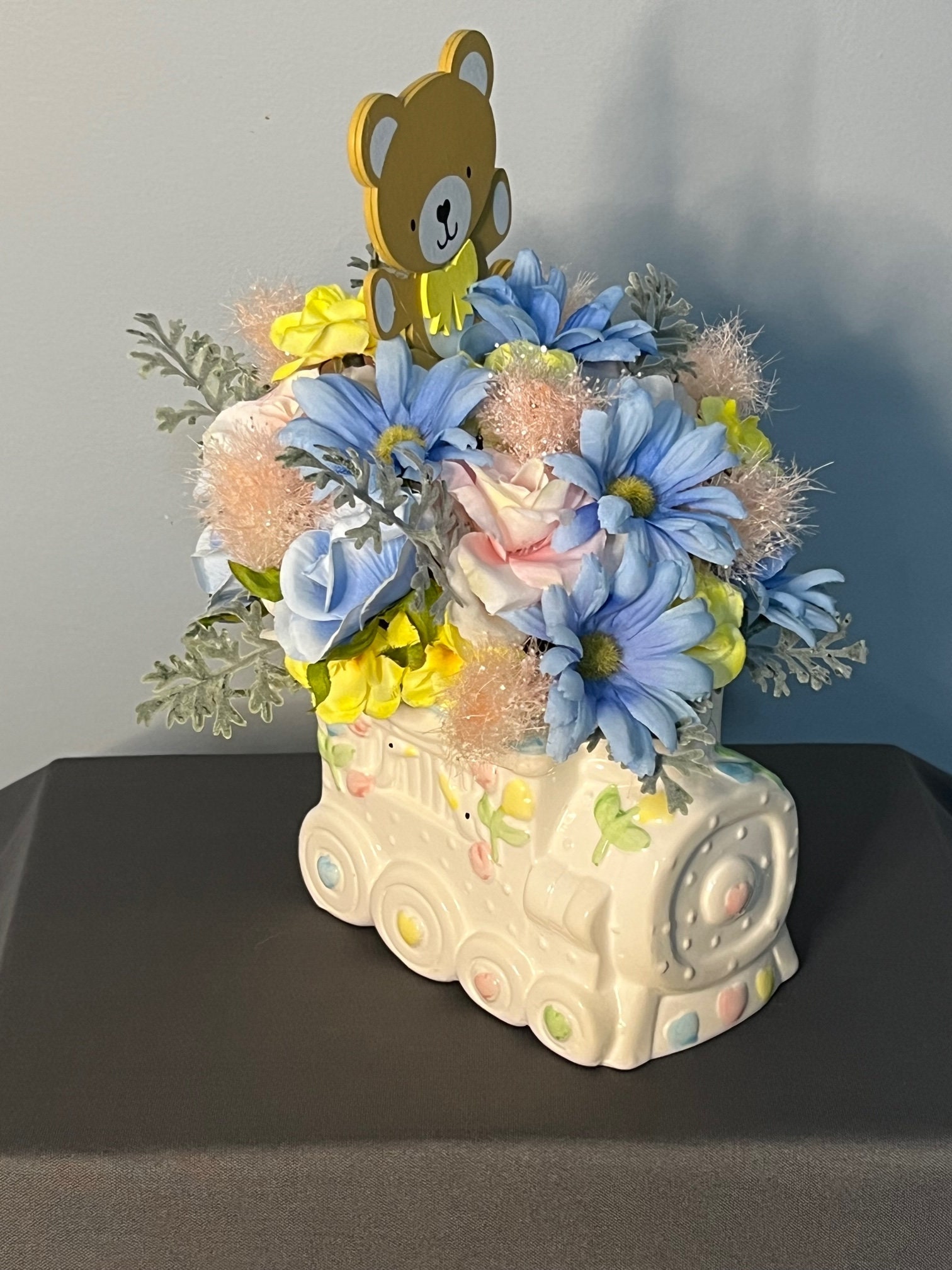Baby Floral Arrangement, Gender Reveal Baby Train Floral Gift, Baby ...