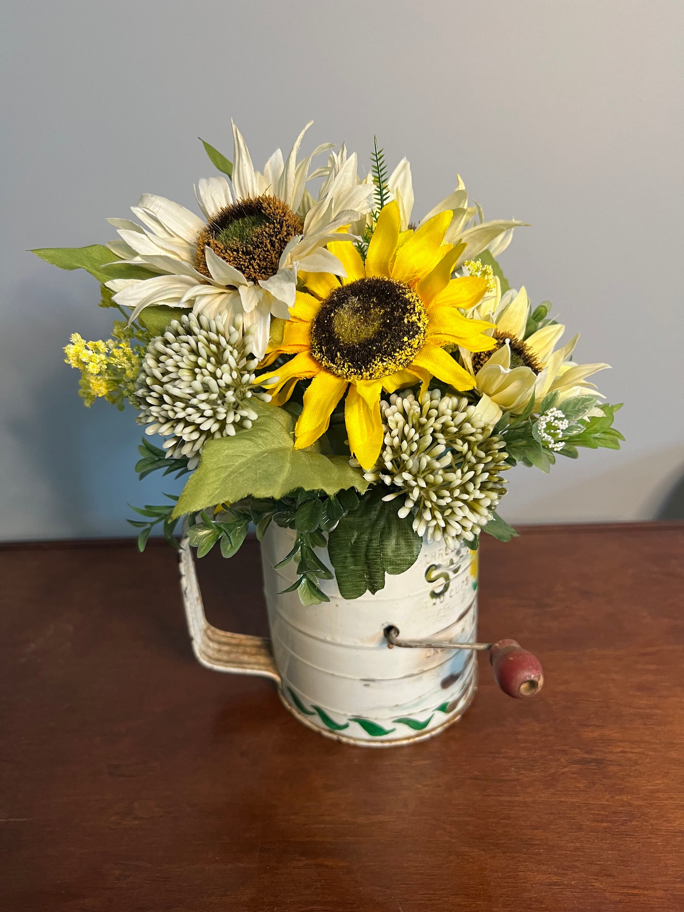 Vintage Sunflower Sifter Kitchen Floral Arrangement, Rustic Flour ...