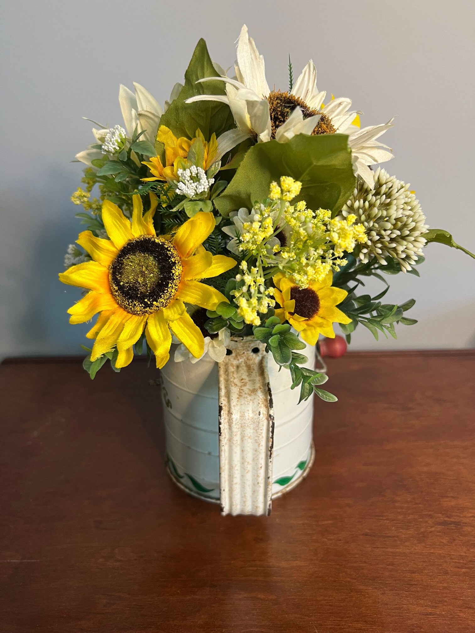 Vintage Sunflower Sifter Kitchen Floral Arrangement, Rustic Flour ...