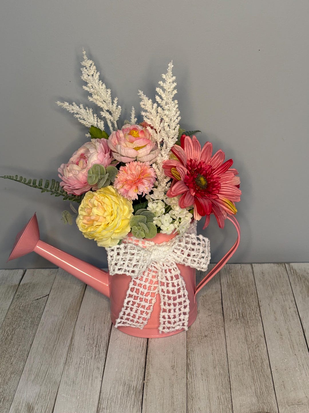 Floral Watering Can Centerpiece: Pink, White & Yellow Flower ...