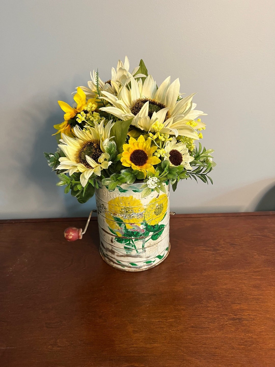 Vintage Sunflower Sifter Kitchen Floral Arrangement, Rustic Flour ...