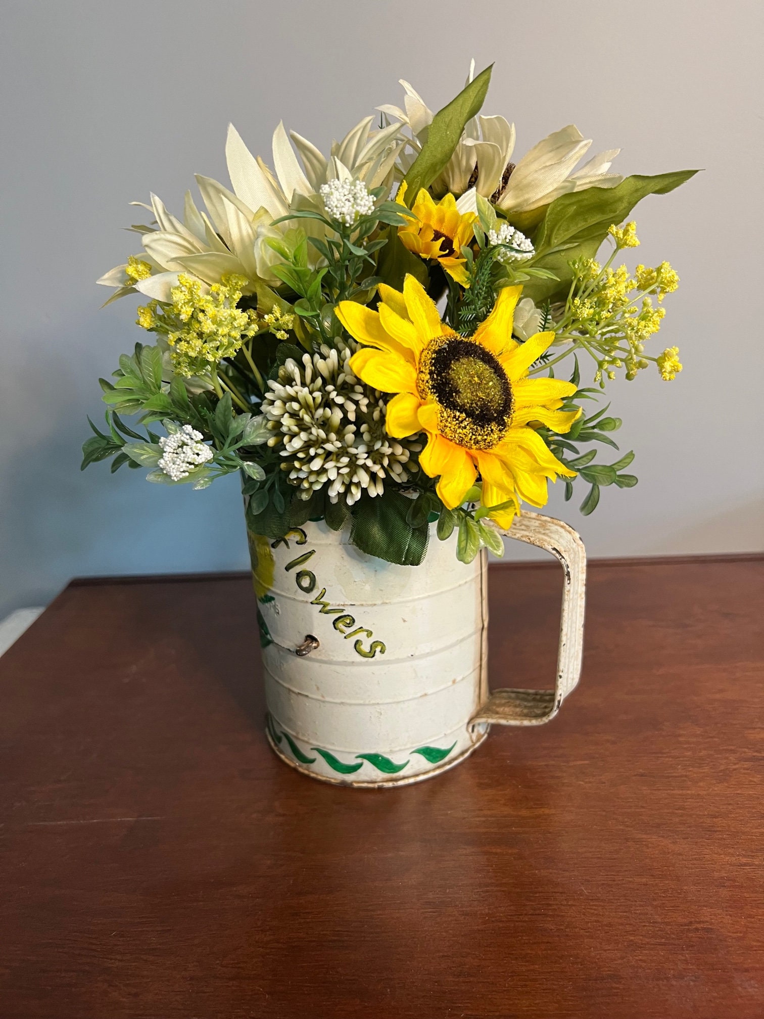 Vintage Sunflower Sifter Kitchen Floral Arrangement, Rustic Flour ...