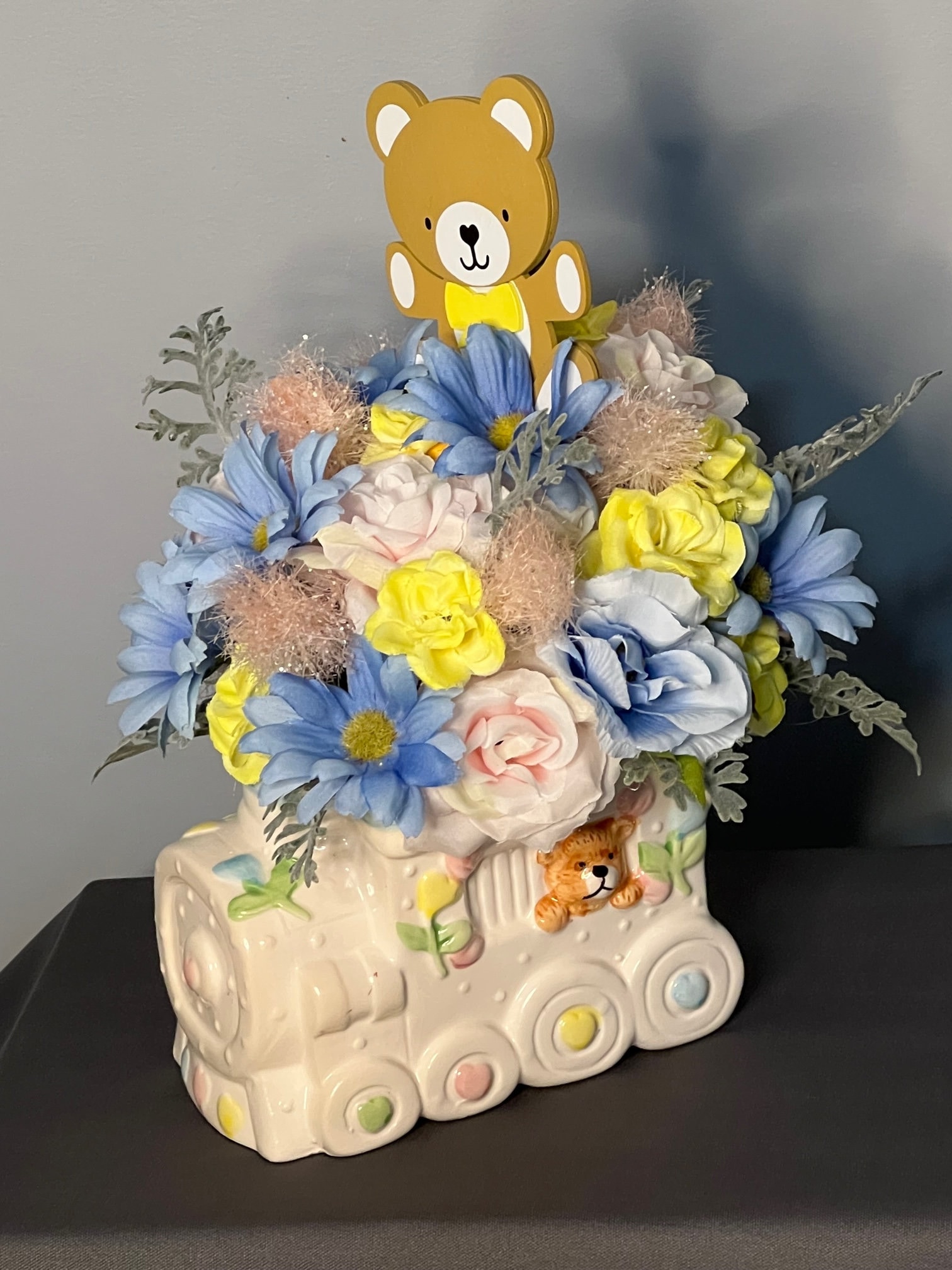 Baby Floral Arrangement, Gender Reveal Baby Train Floral Gift, Baby ...