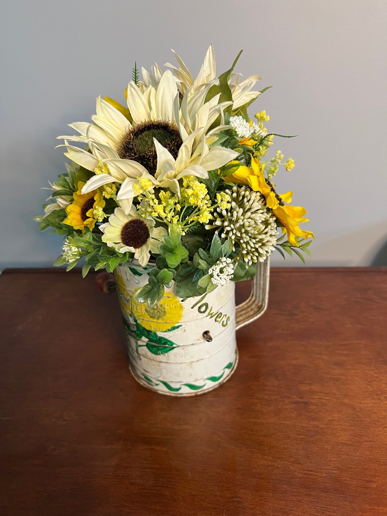 Vintage Sunflower Sifter Kitchen Floral Arrangement, Rustic Flour ...