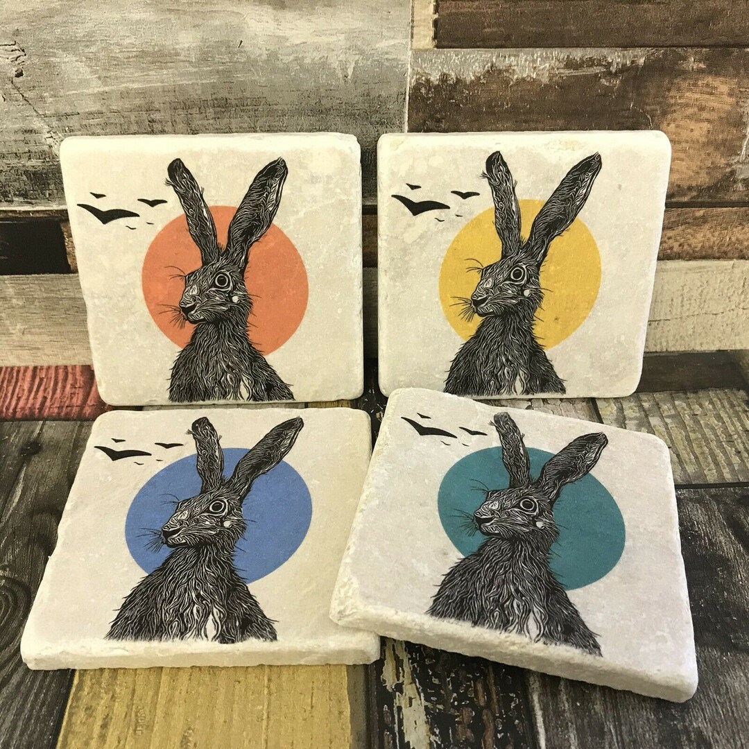 Linocut Style Hare Natural Stone Coasters - Etsy