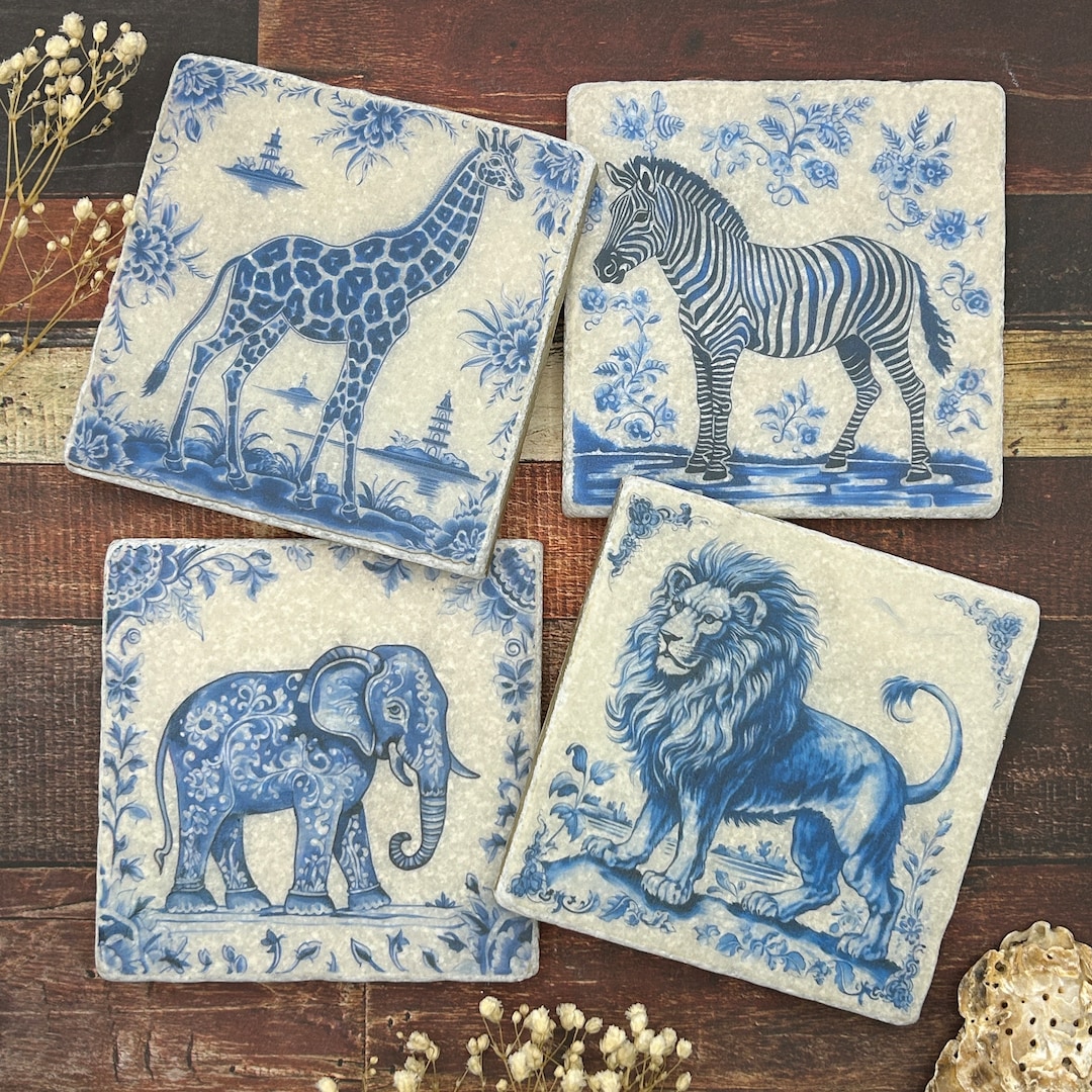 Jungle Delft Blue Watercolour Marble Natural Stone Coasters Lion ...