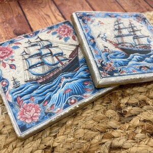 2 Turkish Iznik Ship Natural Stone Coasters, Antique Tile - Etsy