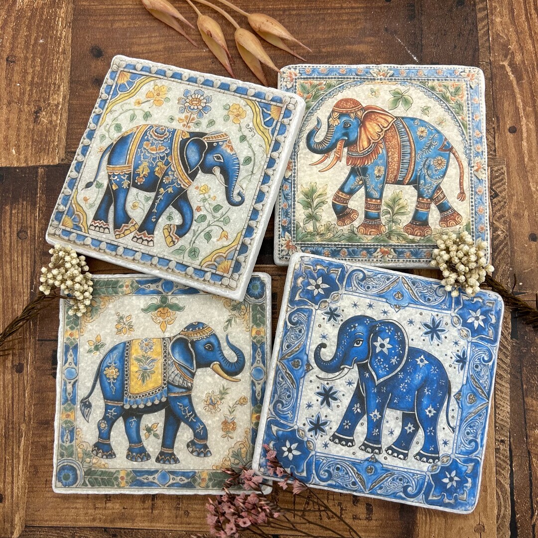 Antique Style Indian Elephants Natural Stone Coasters Portuguese Tiles ...