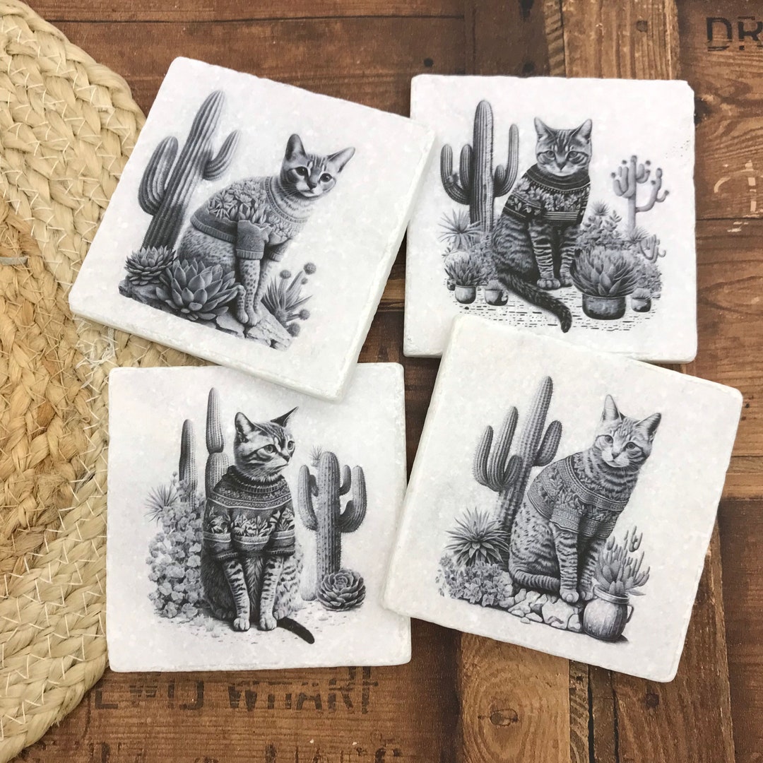 Cats & Cacti Vintage Marble Natural Stone Coasters - Etsy