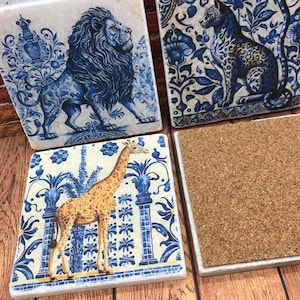 Jungle Animal Coaster Set – Delft Blue Natural Stone Coasters, Lion ...