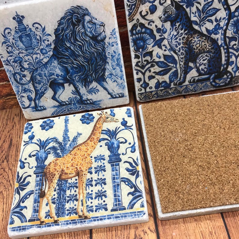 Jungle Animal Coaster Set – Delft Blue Natural Stone Coasters, Lion ...