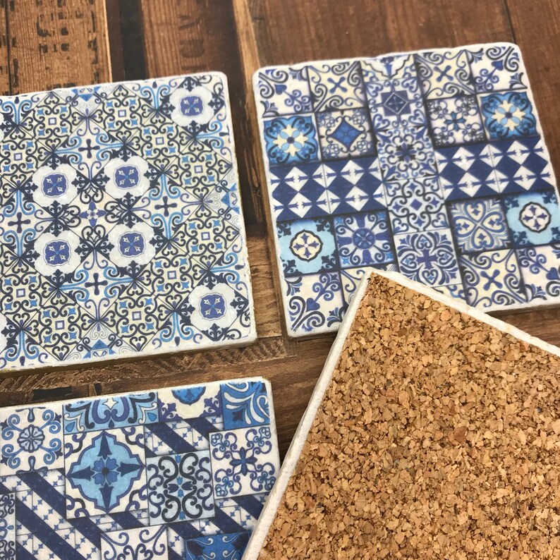 Moroccan Blue Ornament Natural Stone Coasters - Etsy
