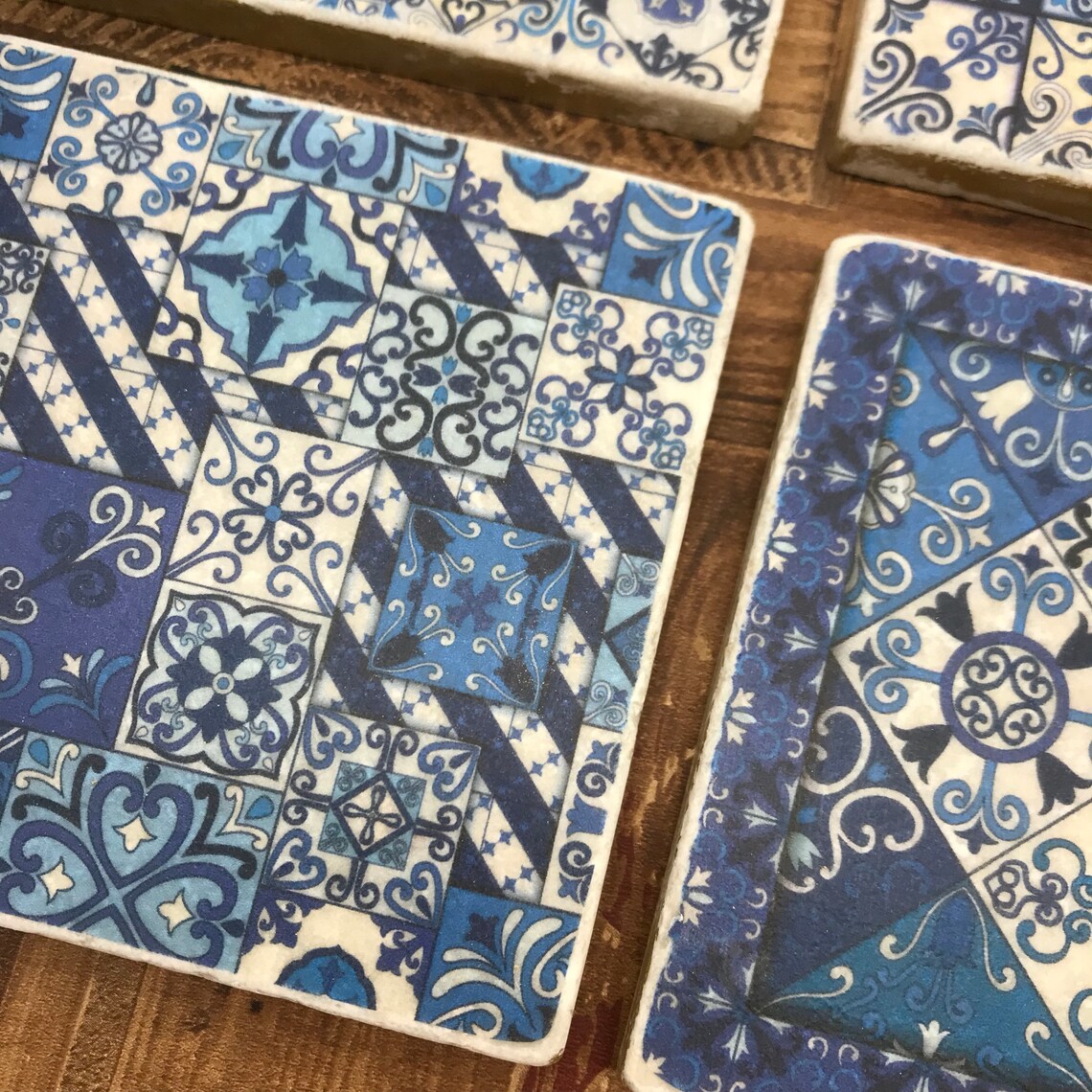 Moroccan Blue Ornament Natural Stone Coasters - Etsy