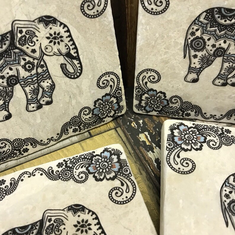 Indian Elephants Natural Stone Coasters | Etsy