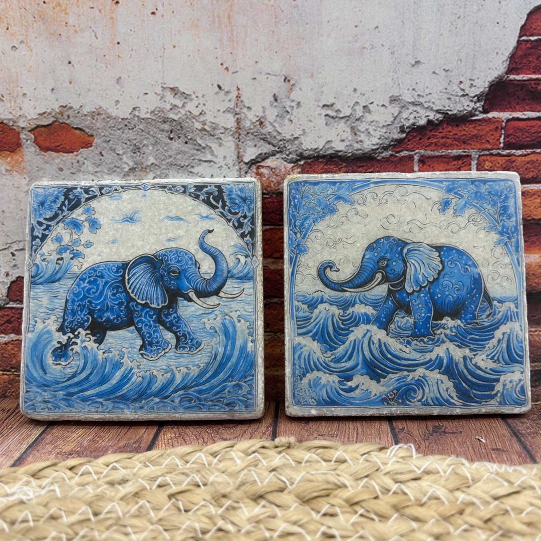 2 Elephant Natural Stone Coasters, Antique Delft Tile - Etsy UK