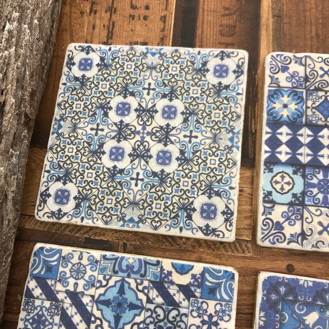 Moroccan Blue Ornament Natural Stone Coasters - Etsy