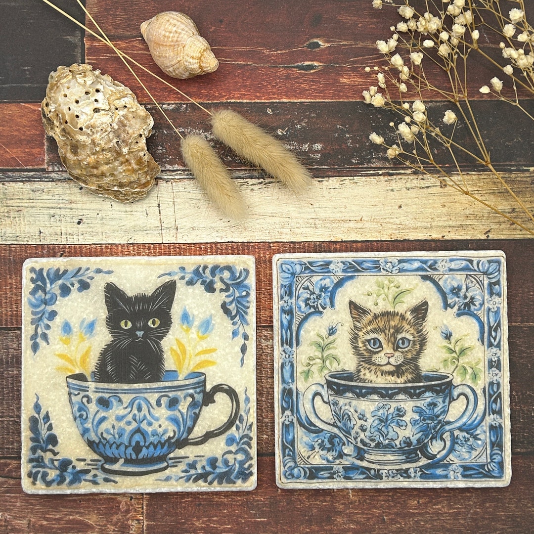 2 Antique Design Dutch Delft Cat Tiles, Natural Stone Coasters - Etsy