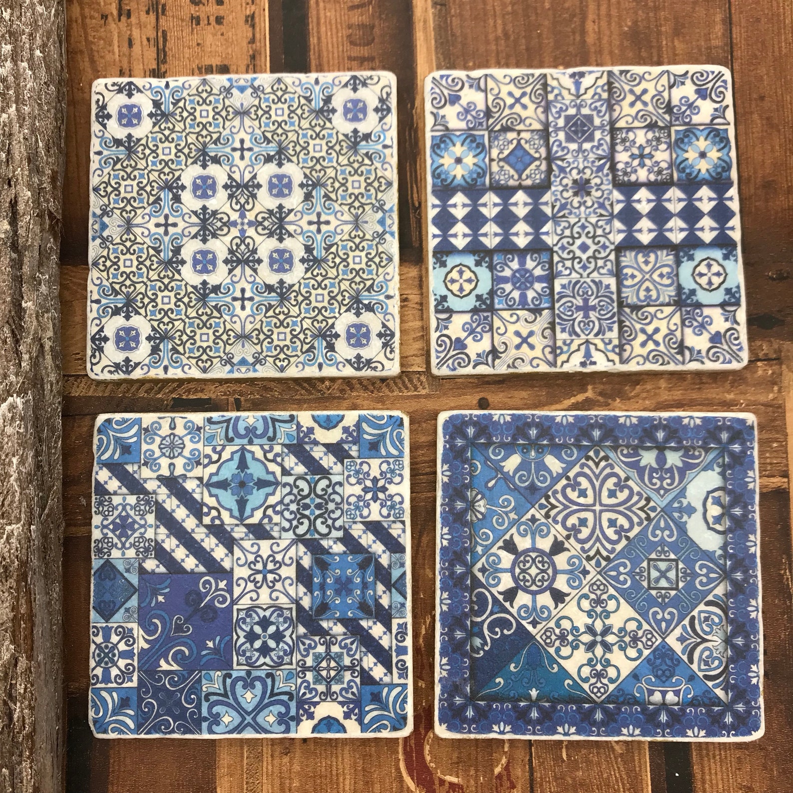 Moroccan Blue Ornament Natural Stone Coasters - Etsy