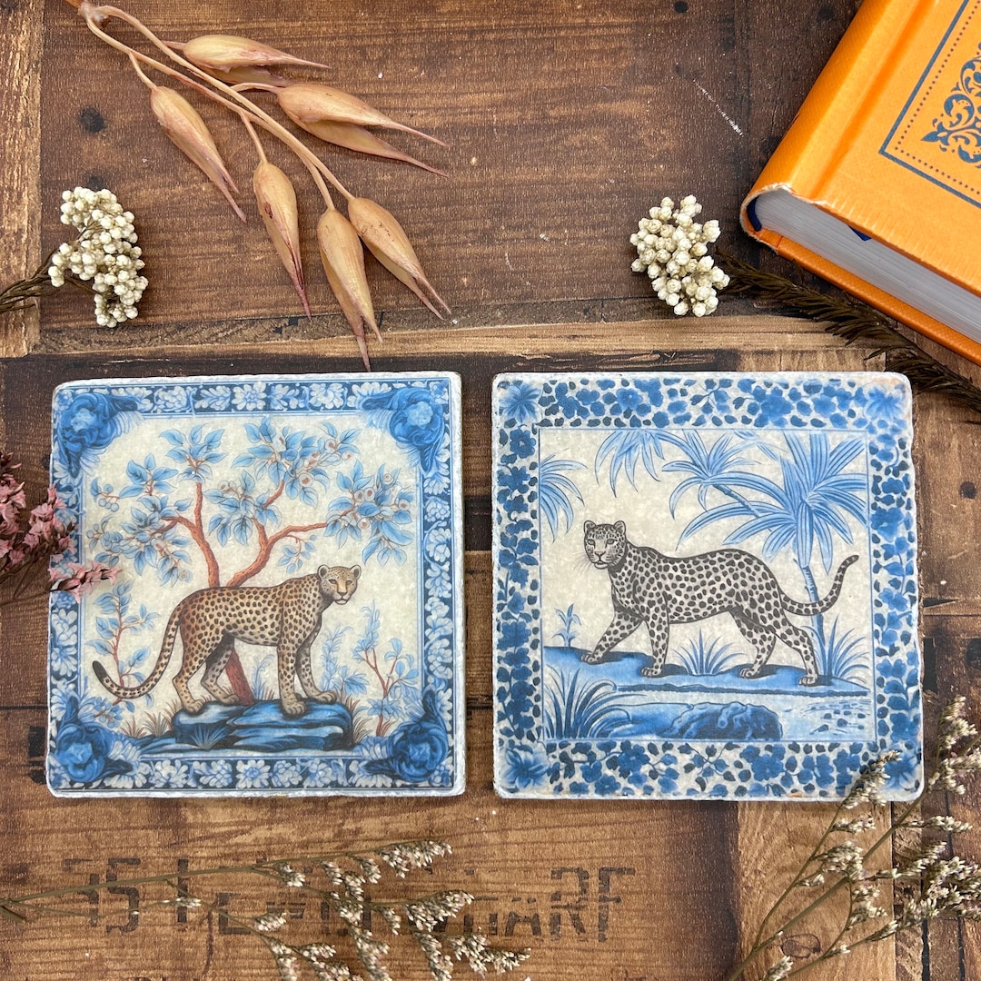 2 Antique Design Leopard Tiles, Natural Stone Coasters Portuguese Tiles ...