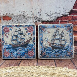 2 Turkish Iznik Ship Natural Stone Coasters, Antique Tile - Etsy