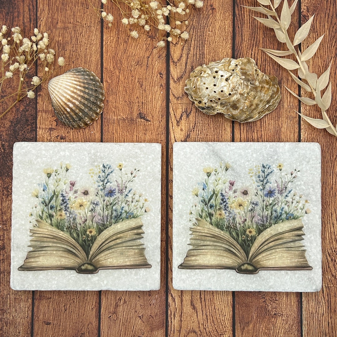2 Floral Books Natural Stone Coasters, - Etsy