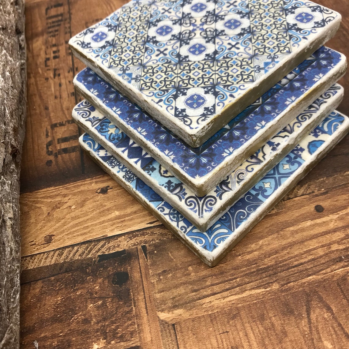 Moroccan Blue Ornament Natural Stone Coasters - Etsy