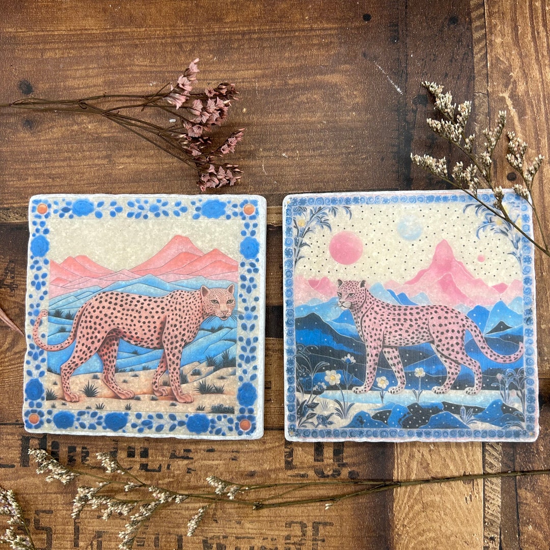 2 Antique Leopard Tiles, Natural Stone Coasters Portuguese Tiles, Pink ...