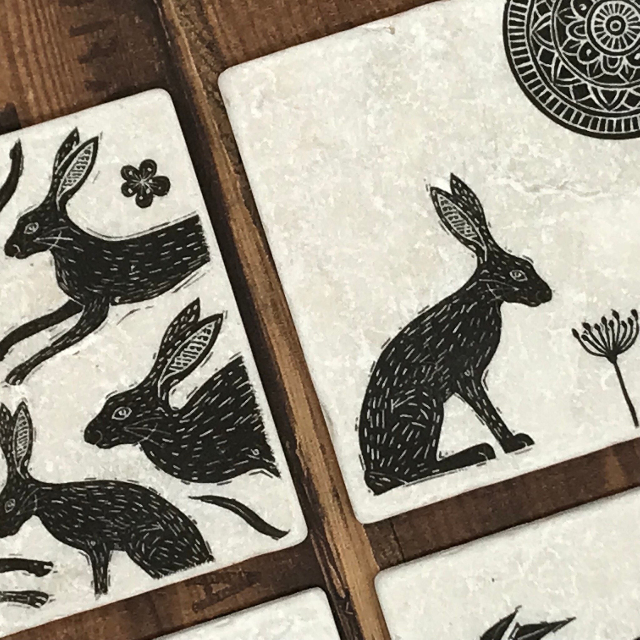 Linocut Hares Watership Down Rabbits Natural Stone Coasters | Etsy UK