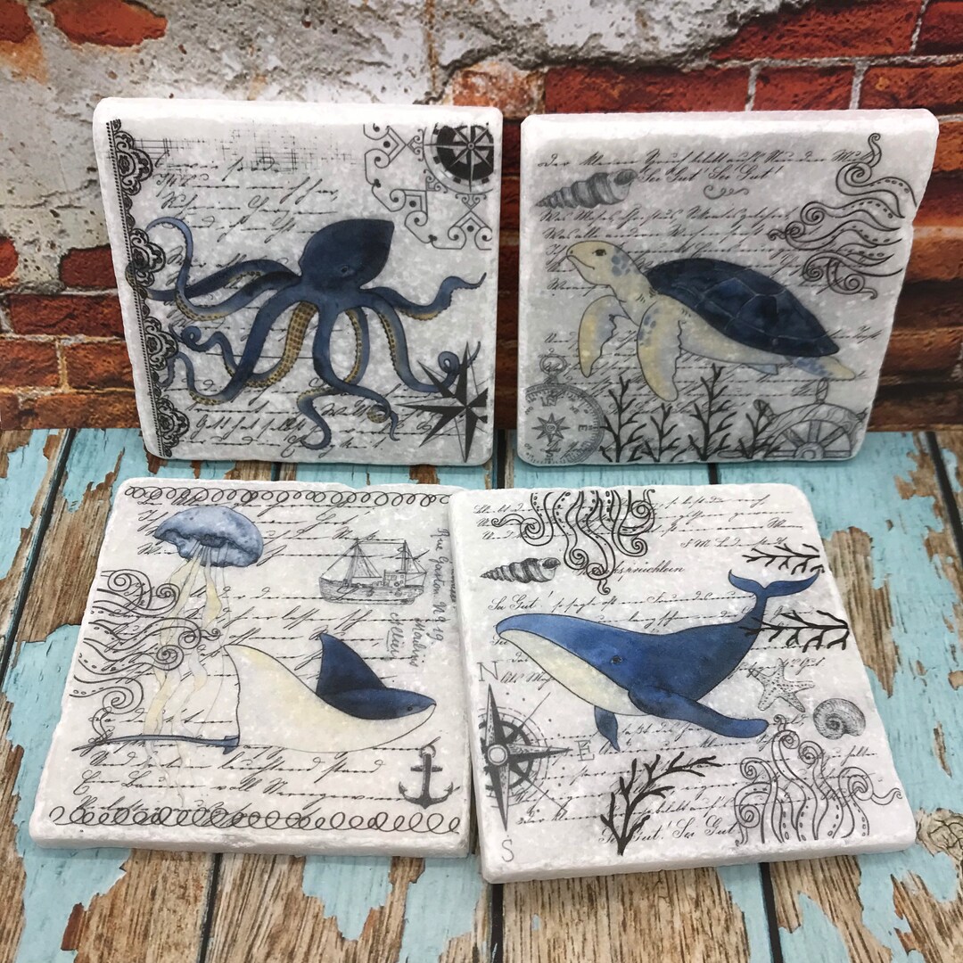 Nautical Octupus Whale Natural Stone Coasters Sea Beach - Etsy