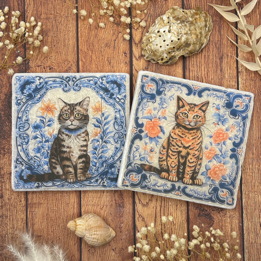 2 Antique Design Moroccan Cat Tiles, Natural Stone Coasters - Etsy
