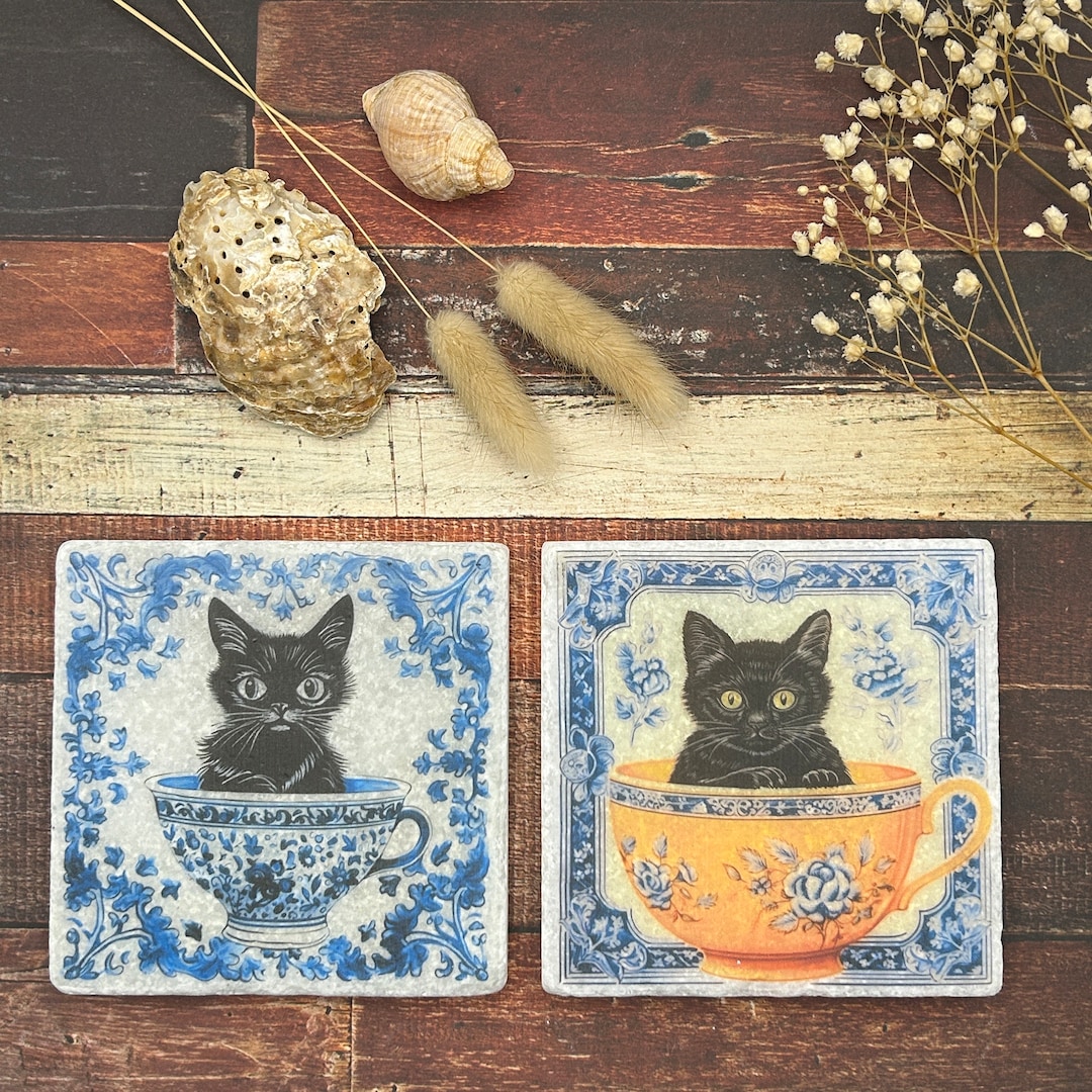 2 Antique Design Dutch Delft Cat Tiles, Natural Stone Coasters - Etsy