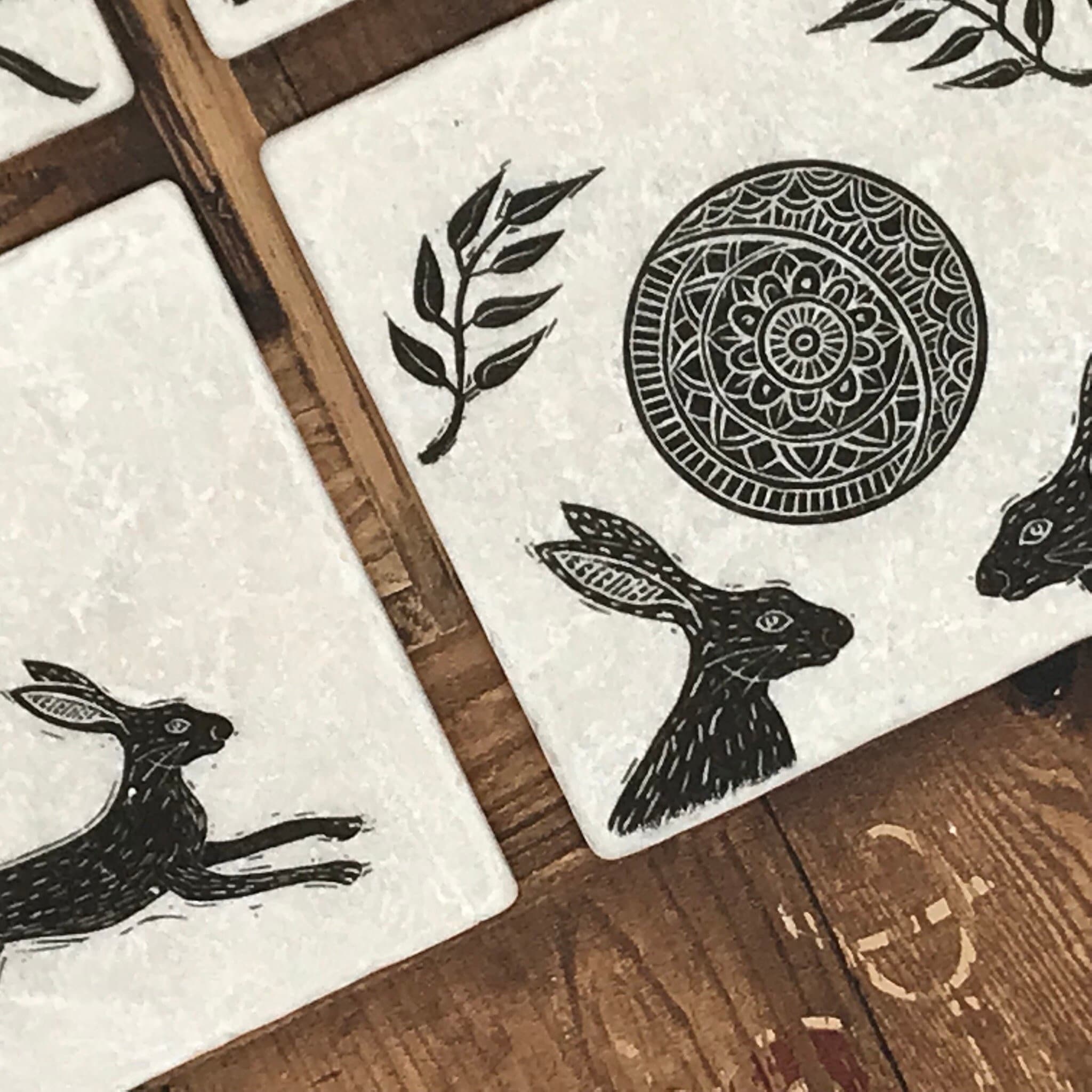 Linocut Hares Watership Down Rabbits Natural Stone Coasters | Etsy UK