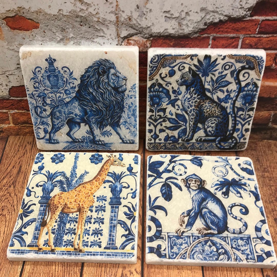 Jungle Animal Coaster Set – Delft Blue Natural Stone Coasters, Lion ...