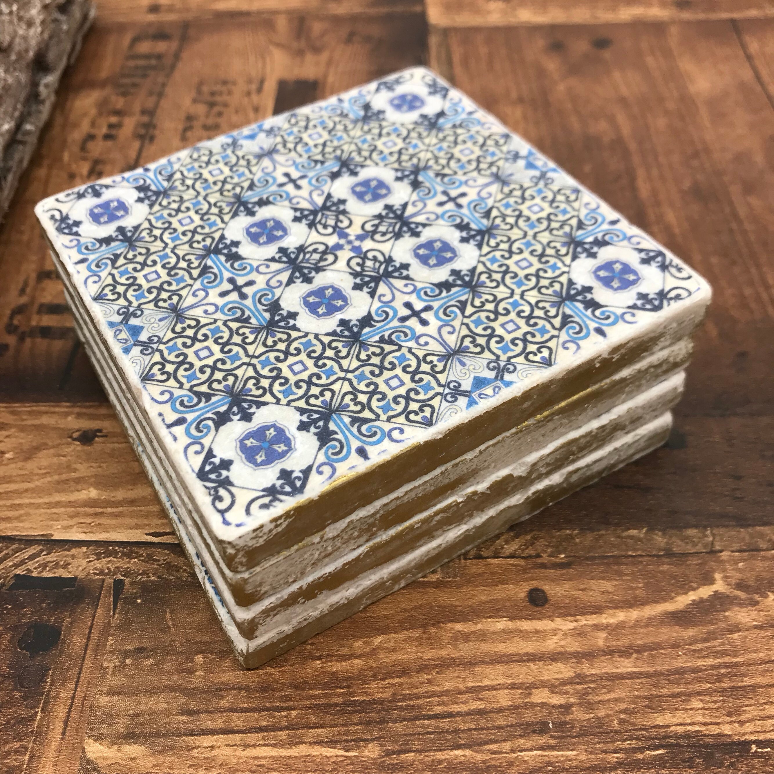 Moroccan Blue Ornament Natural Stone Coasters - Etsy