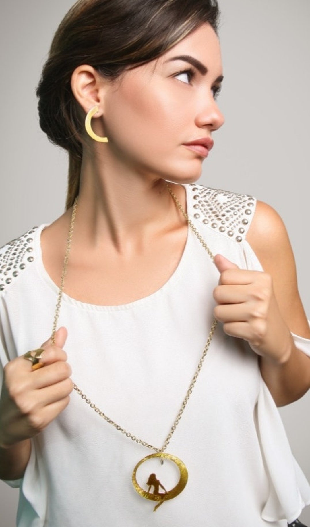 Unique Jewelry Set, Big Pendant Necklace With Earrings and Ring, Golden ...