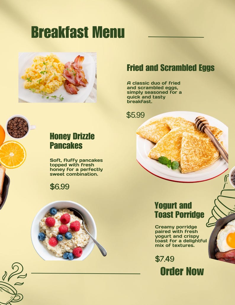Editable Breakfast Menu Template | A4 and US Letter Sizes | Canva Food ...