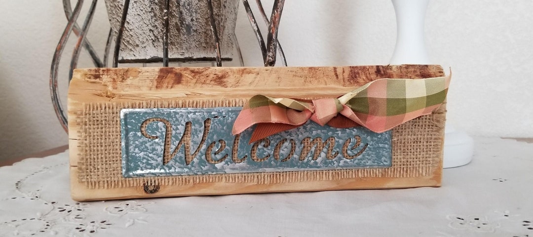 Rustic WELCOME Sign, Live Edge Wood Sign, Mountain Cabin Decor, Burlap ...