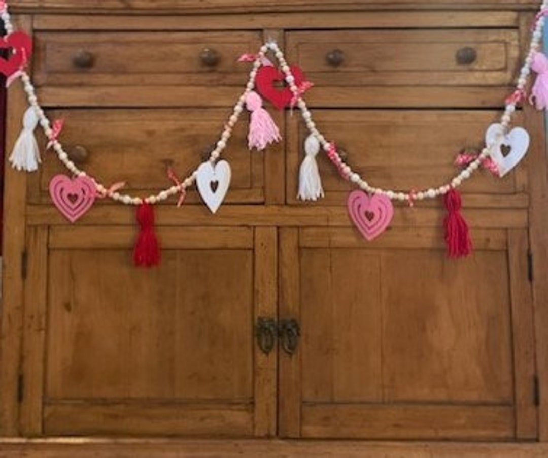 12' Pretty Valentine's Day Heart Garland ~ Rag Tied Bead Pom Pom Yarn ...