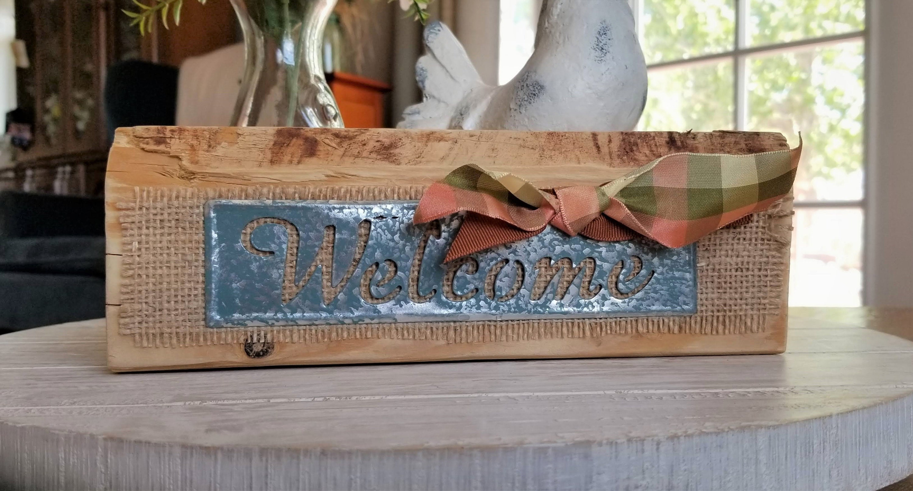 Rustic WELCOME Sign, Live Edge Wood Sign, Mountain Cabin Decor, Burlap ...