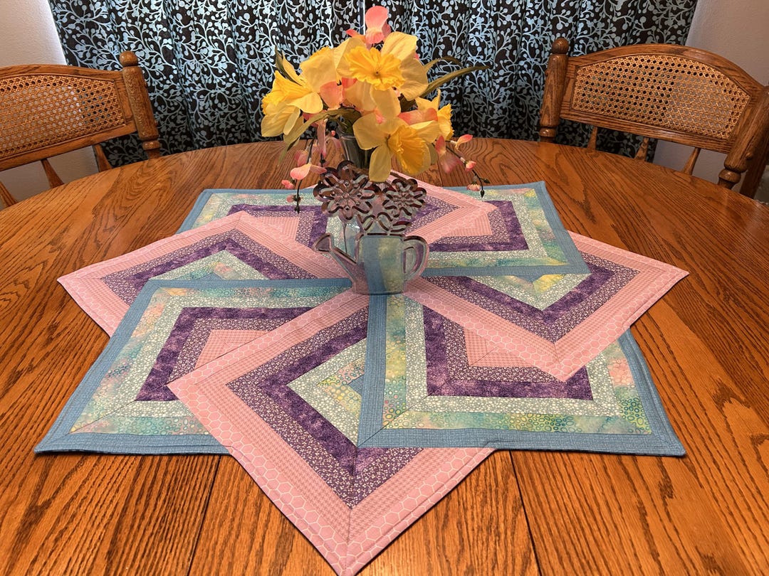 Pretty Quilted Strata Star Spring Table Topper ~ Easter Quilted Table Topper ~ Lavender, Pink ...