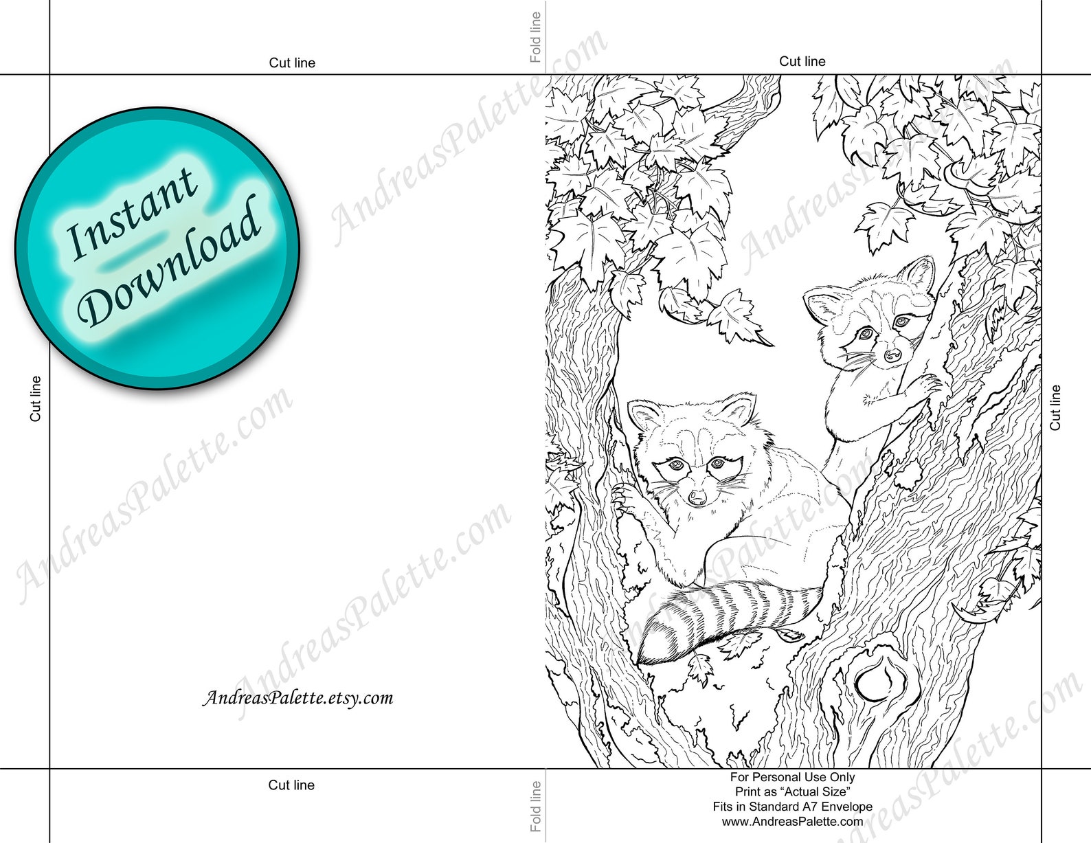 Raccoons Coloring Card INSTANT DOWNLOAD 5x7 Card, PRINTABLE Greeting ...