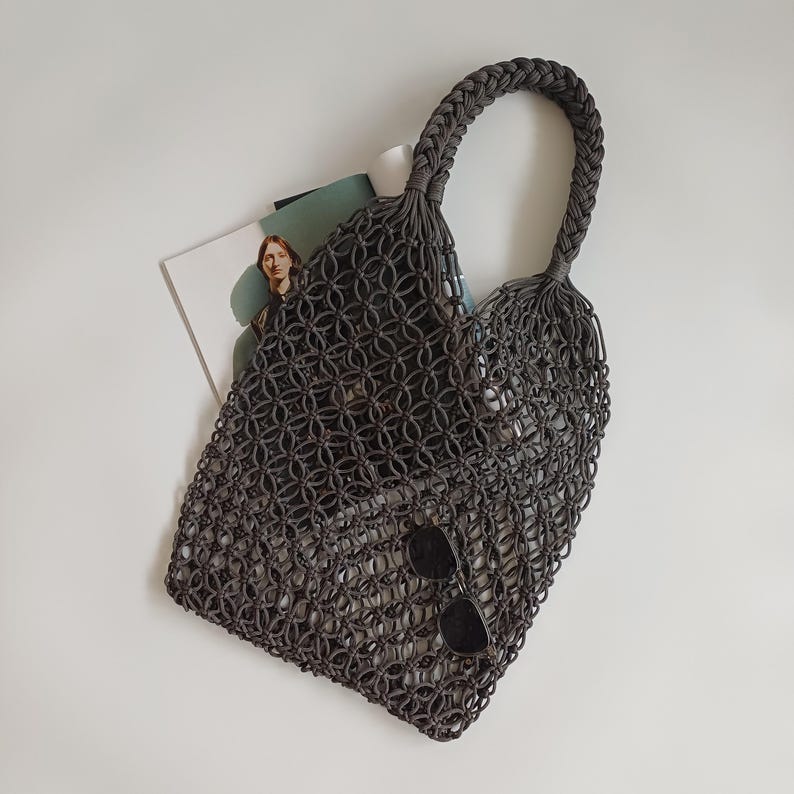 Handmade Crochet Tote Bag, Moroccan Artisan Nylon Mesh Bag, Slate Grey ...