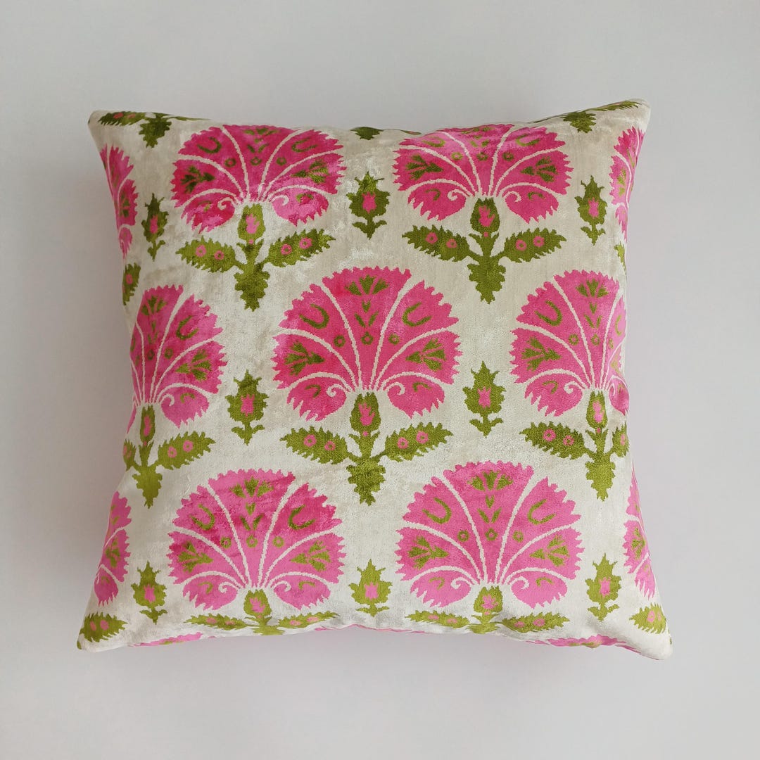 Silk Velvet Cushion Cover, Pink Carnations Pillow, Turkish Italian ...