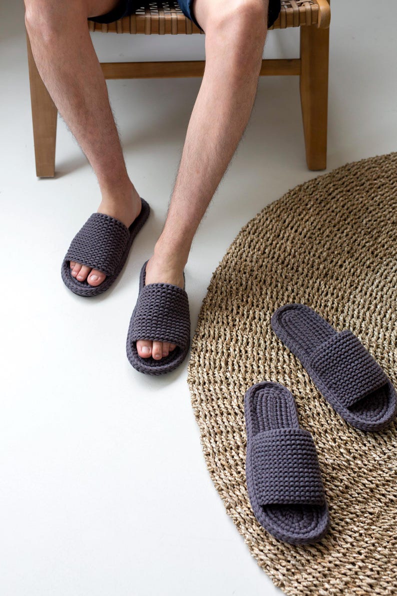 Men’s Crochet Slippers With Rubber Sole, Cotton Indoor Shoes, Washable ...
